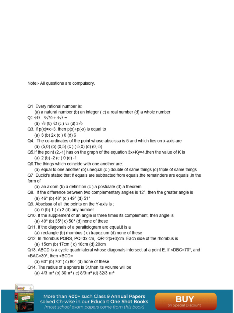 D A V School Paper 68 Maths | PDF | Rectangle | Elementary Geometry