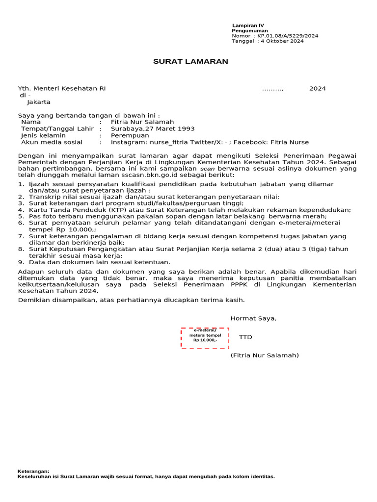Lampiran IV Format Surat Lamaran Penerimaan PPPK 2024 | PDF