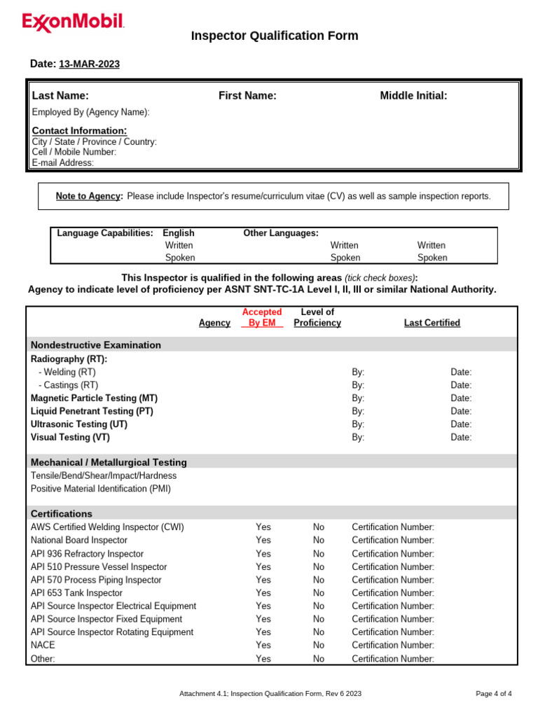 Inspector Qualification Form 2023 Latest Rev6_agy Copy | PDF | Pipe ...