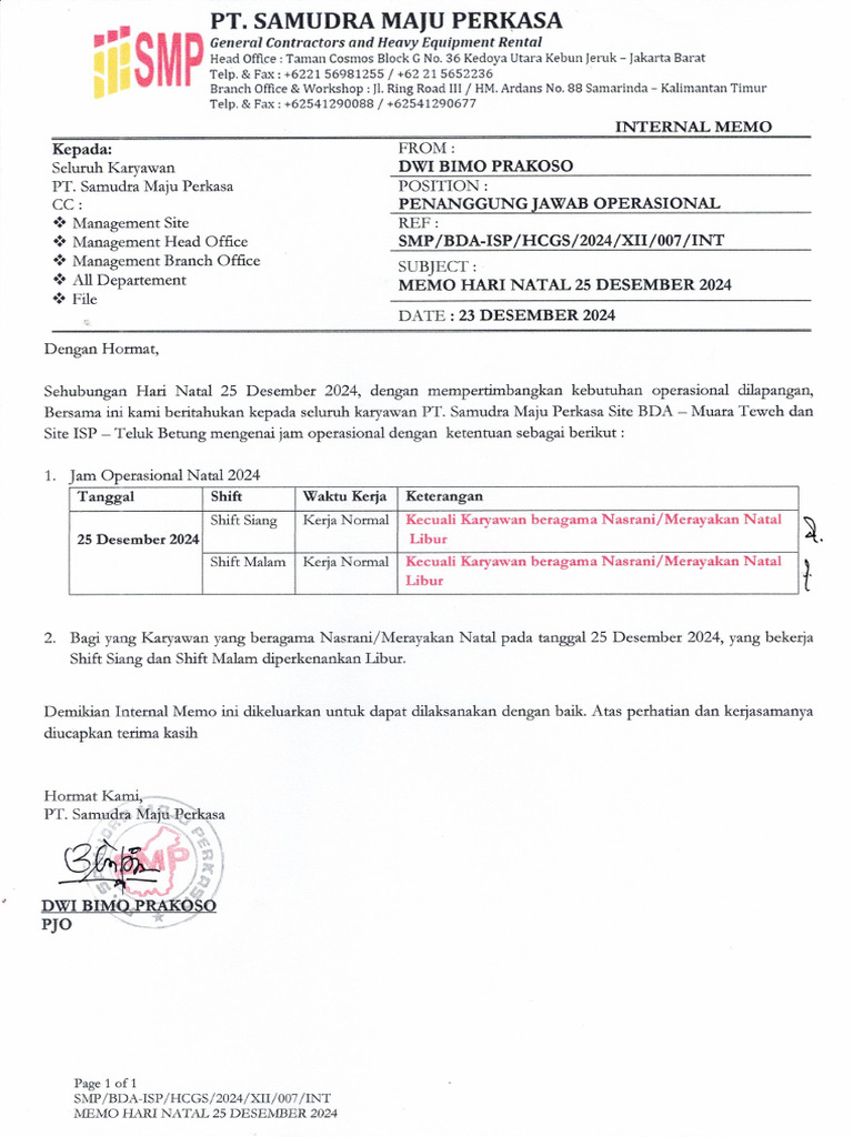 Internal Memo Hari Natal 25 Desember 2024 (BDA - SIKUI & ISP) | PDF