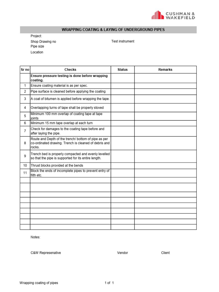 Wrapping Coating & Laying of UG Pipes Checklist | PDF