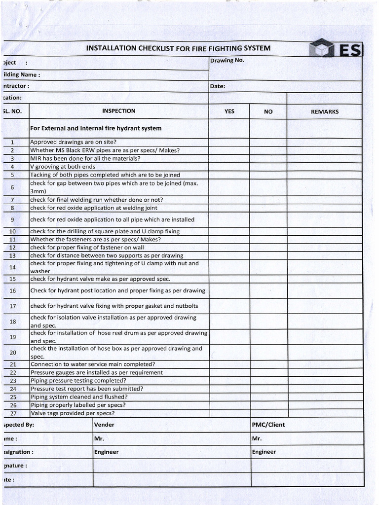 Fire Fighting System Installation Checklist | PDF | Electrical Wiring | Fire Sprinkler System