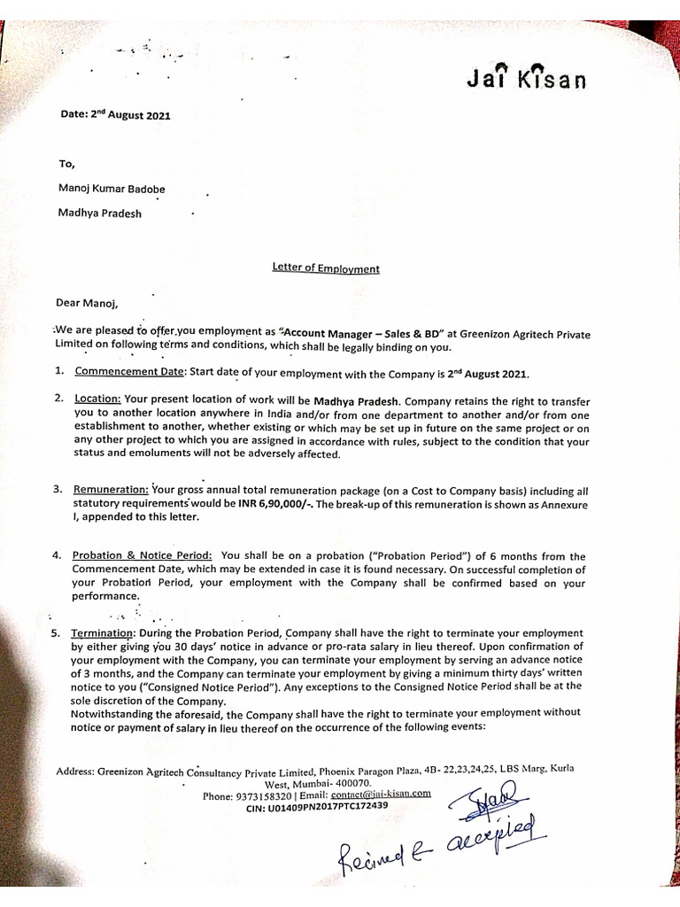 offer letter-manoj badode - Manoj | PDF