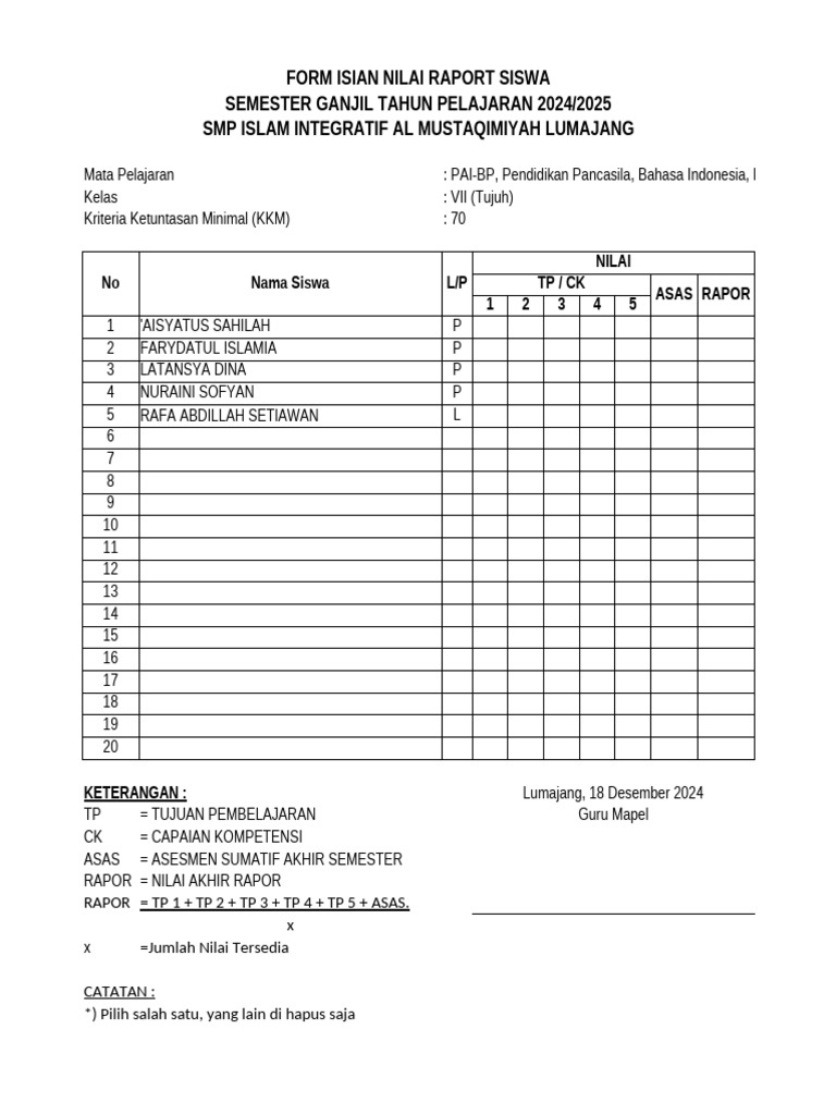 Form Isian Nilai Sumatif Dan ASAS (SEBUTKAN MAPEL NYA) | PDF