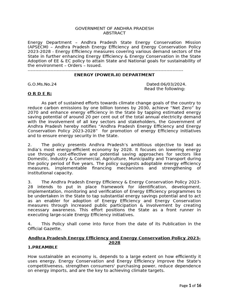 Ap State Energy Efficiency Energy Conservation Policy | PDF | Energy ...