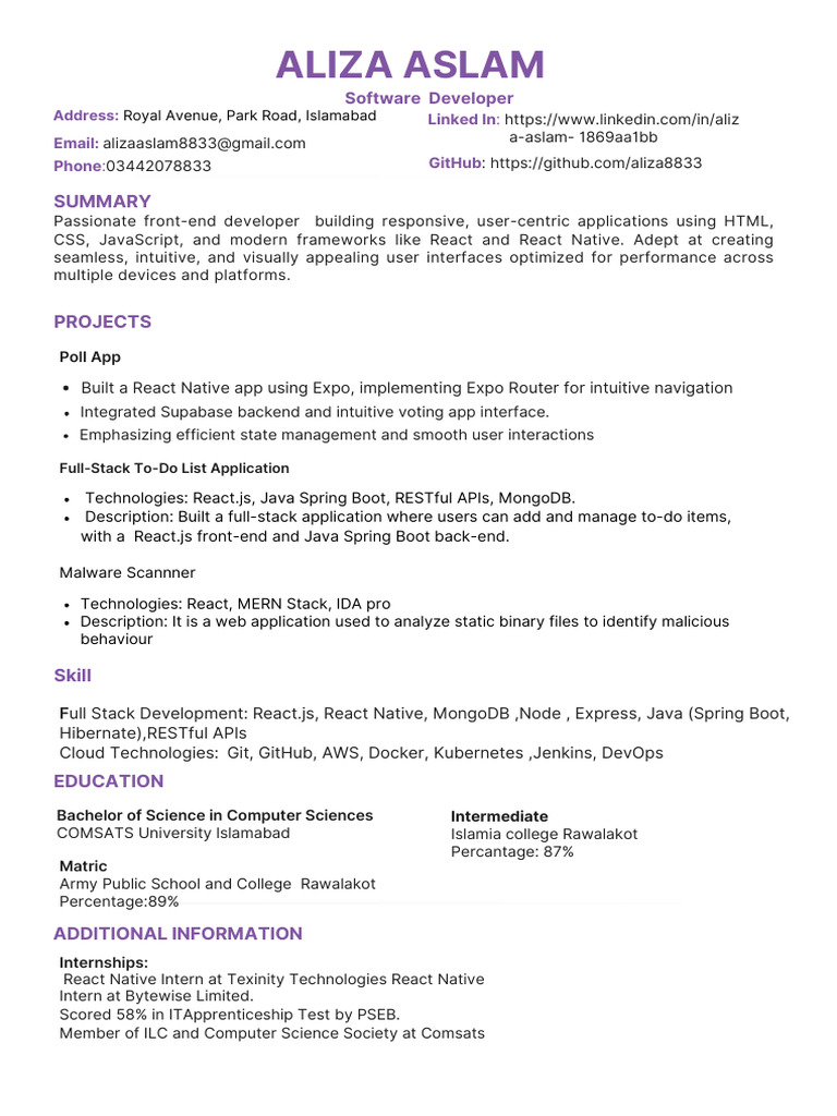 Aliza Aslam (Front-End Developer) | PDF