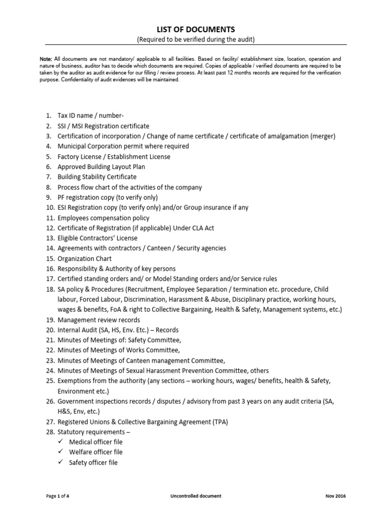 Audit Document List (Facility) - Nov 2016 | PDF | Employment | Fire Safety