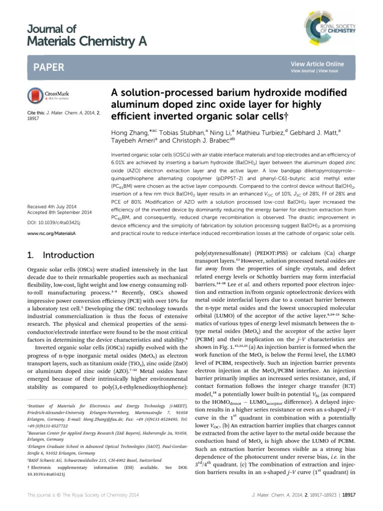 Barium Hydroxide for Efficient Organic Solar Cells | PDF | Zinc Oxide ...