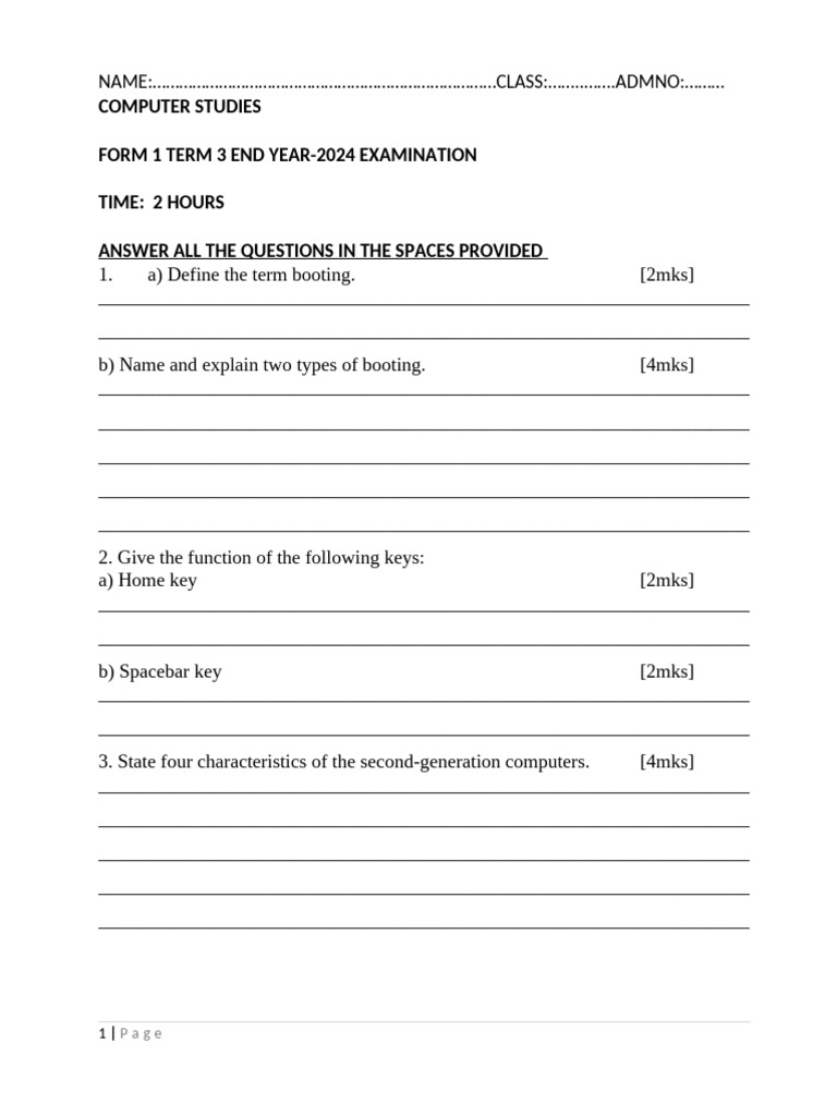 Computer Studies F1T3 2024 QS | PDF | Printer (Computing) | Usb