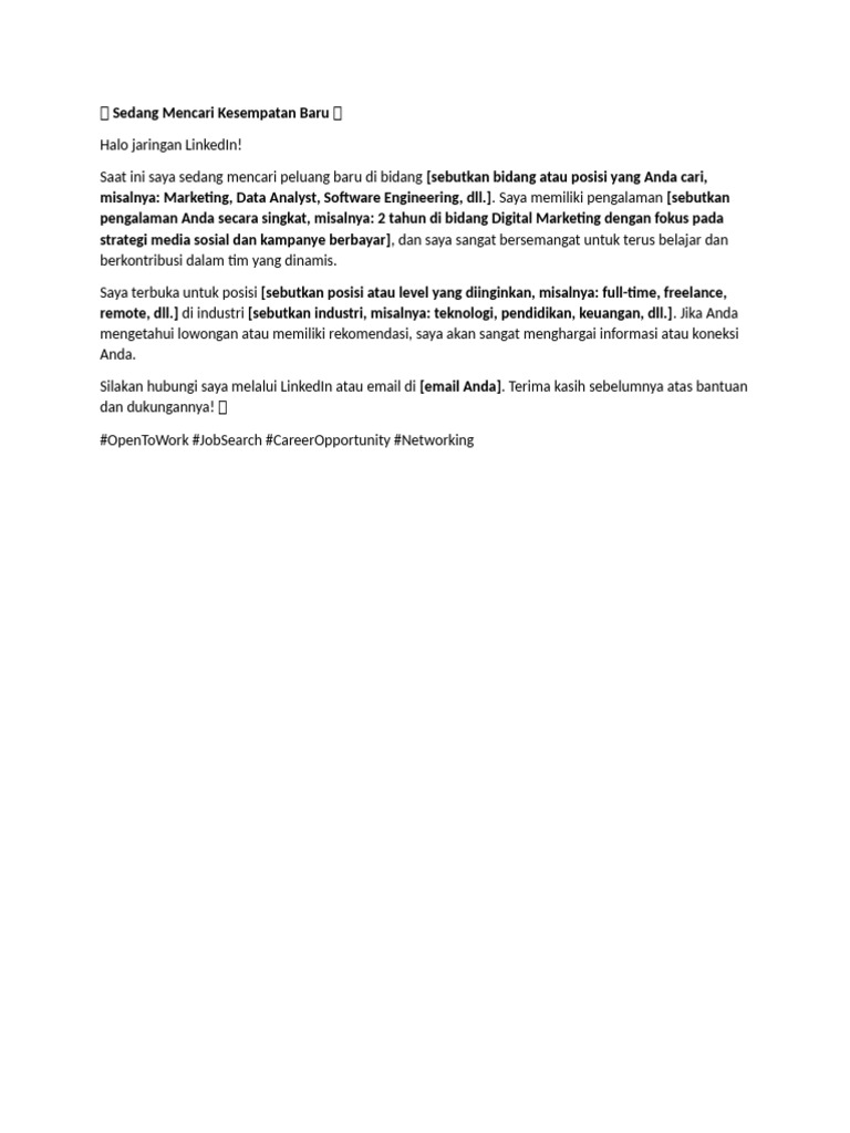 Contoh Postingan LinkedIn Mencari Kerja | PDF
