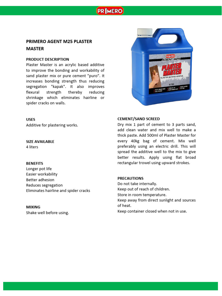 TDS Primero Agent M25 Plaster Master | PDF