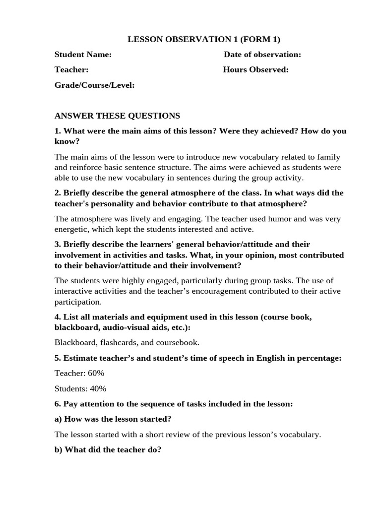 ENTRY 3 - Lesson Observation Form 1 For All Grades 1 11 5 Samples | PDF ...