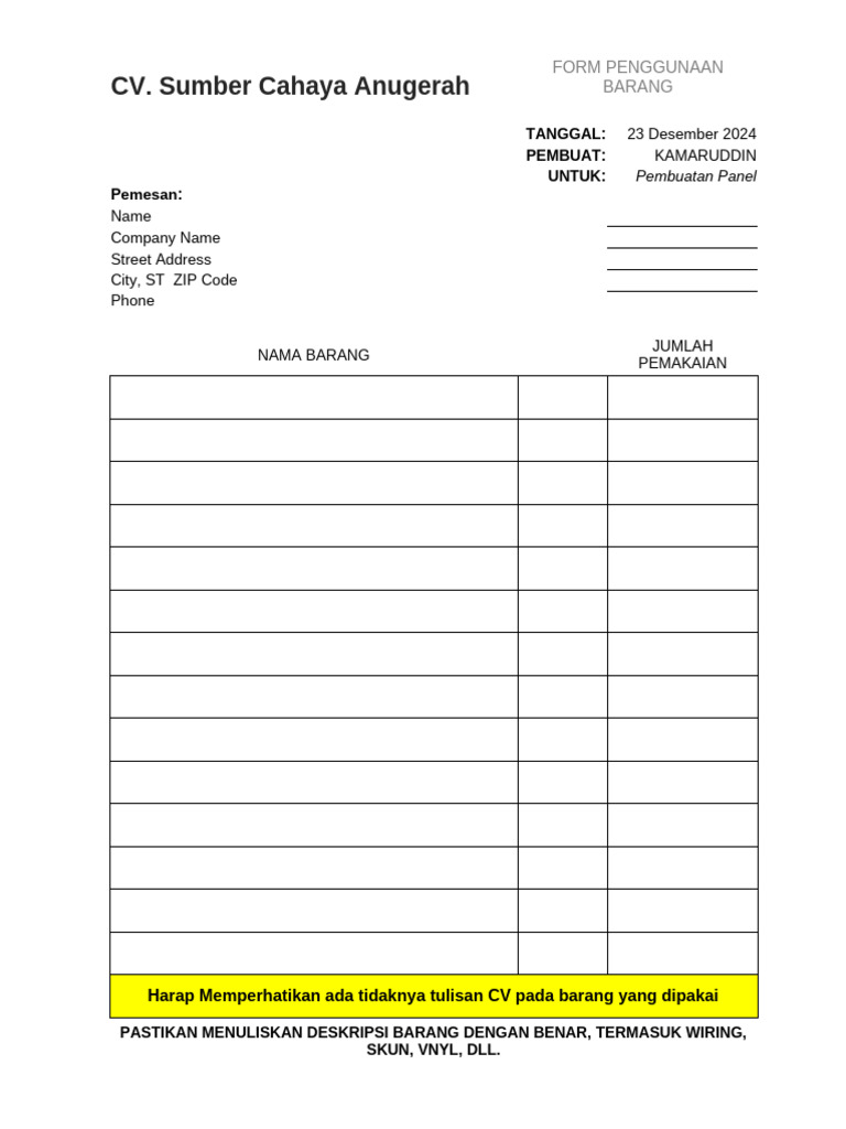 Template Form Pembuatan Panel CV | PDF