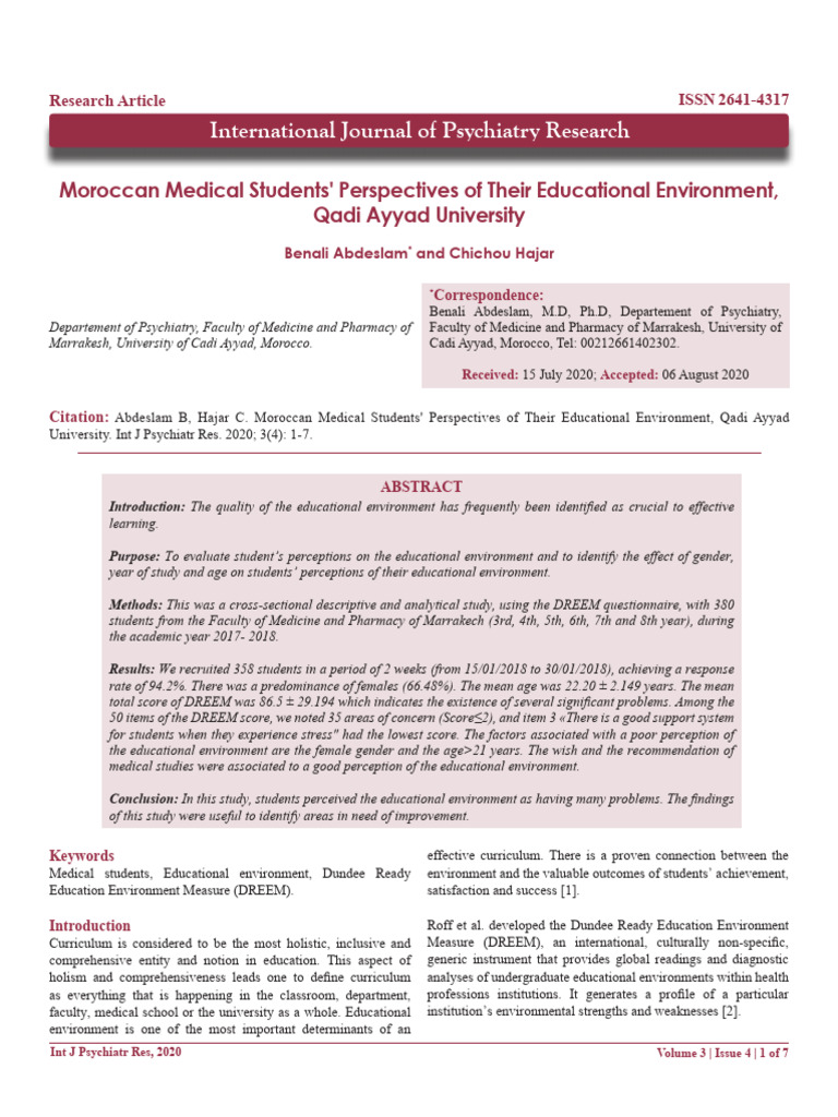 Moroccan Medical Students Perspectives of Their Educational Environment Qadi Ayyad University ...