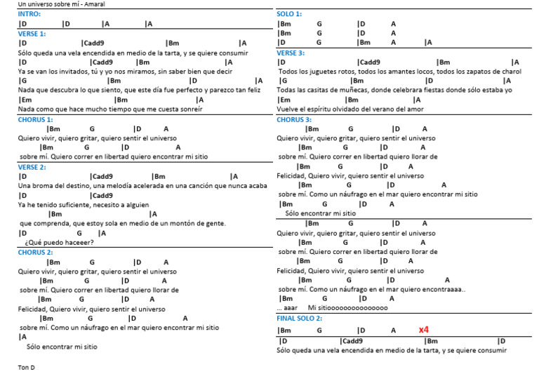 "Sentir el Universo: Letra de Amaral" | PDF