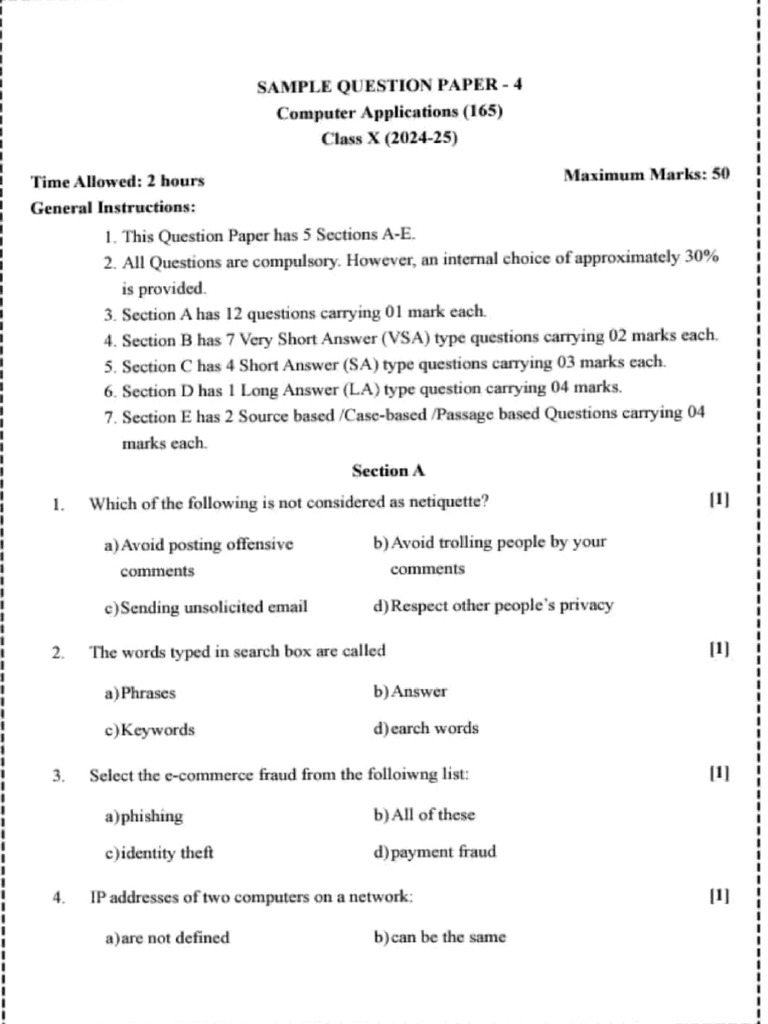 Computer Sample Question Paper 4 | PDF | World Wide Web | Internet & Web