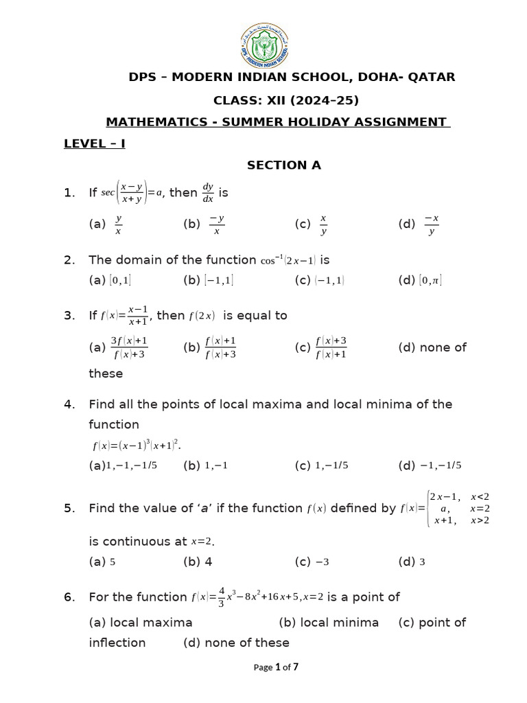 Holiday Assignment Xii 2024-25 | PDF | Matrix (Mathematics) | Mathematical Concepts