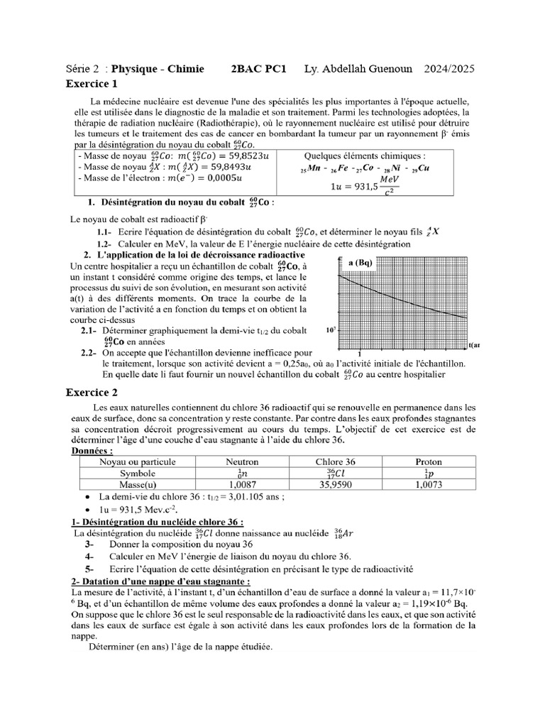 Série 2 _ Physique - Chimie 2BAC PC1 24 25 | PDF