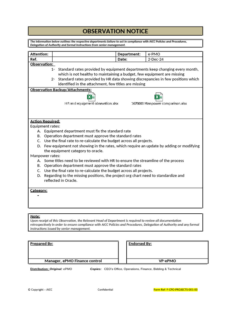 Observation Notice (Cost To Company Equipment and Manpower) | PDF