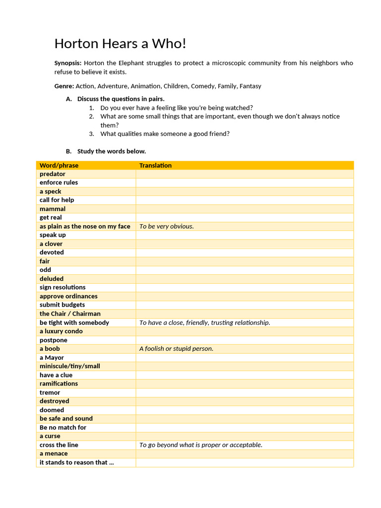 Horton... ! Wordlist and Exercises | PDF