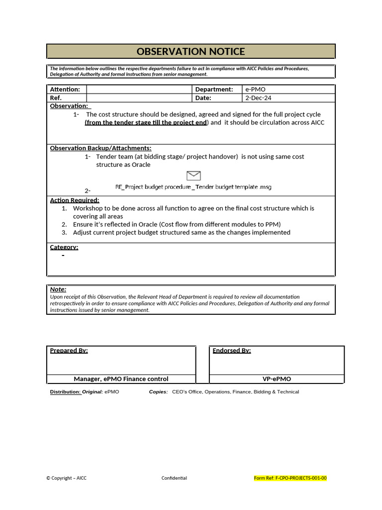 Observation Notice (Project Cost Structure Across AICC) | PDF