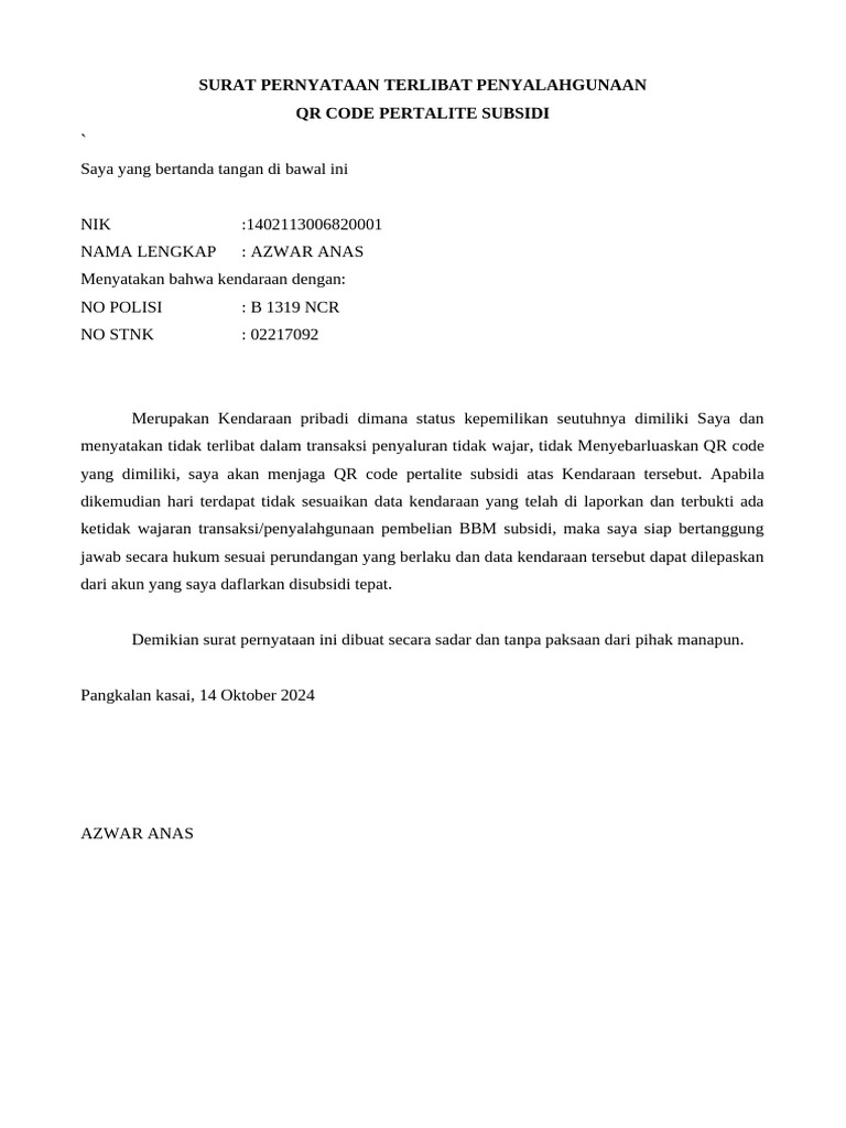 Surat Pernyataan Terlibat Penyalahgunaan QR Code | PDF