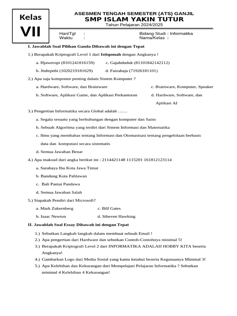 Soal Uts Informatika Dan Kunci Jawaban | PDF
