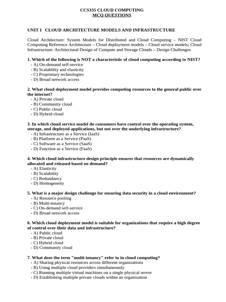 CCS335 CLOUD COMPUTING MCQ Questions | PDF | Virtualization | Cloud Computing