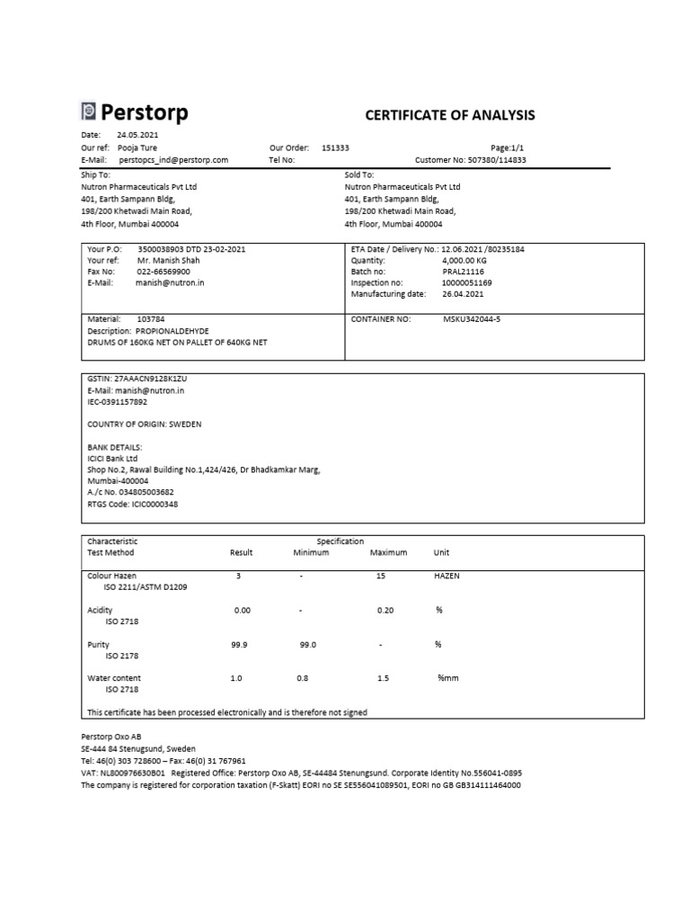 Propionaldehyde Pral21116 | PDF