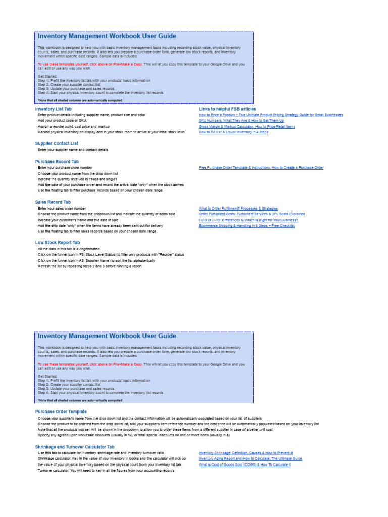 FSB Inventory Management Workbook | PDF | Inventory | Gross Margin
