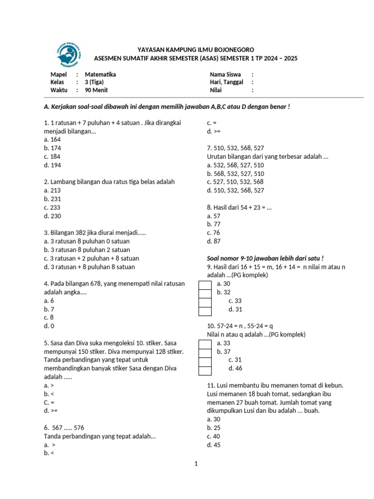 KELAS 3 - SOAL ASAS MTK YKIB TP 2024-2025 | PDF