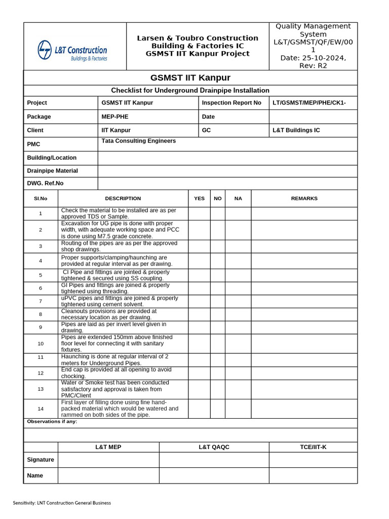 Checklist For Installation and Testing of Drain Pipe | PDF | Building ...