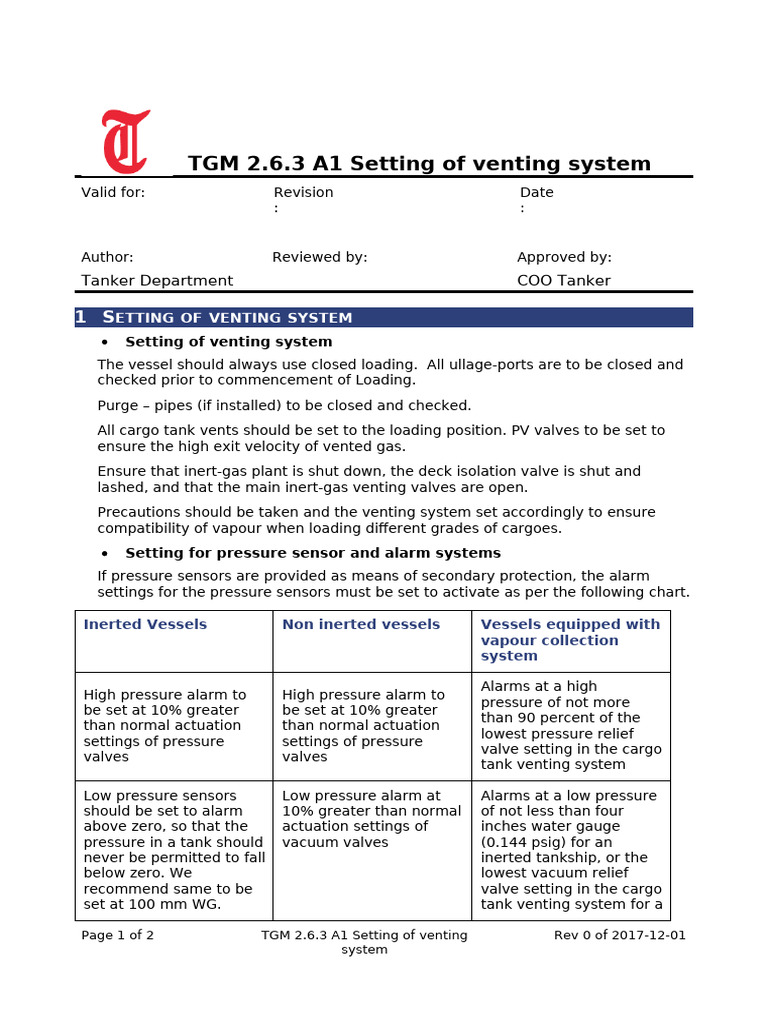 Venting System Settings for Tankers | PDF | Pressure Measurement | Valve