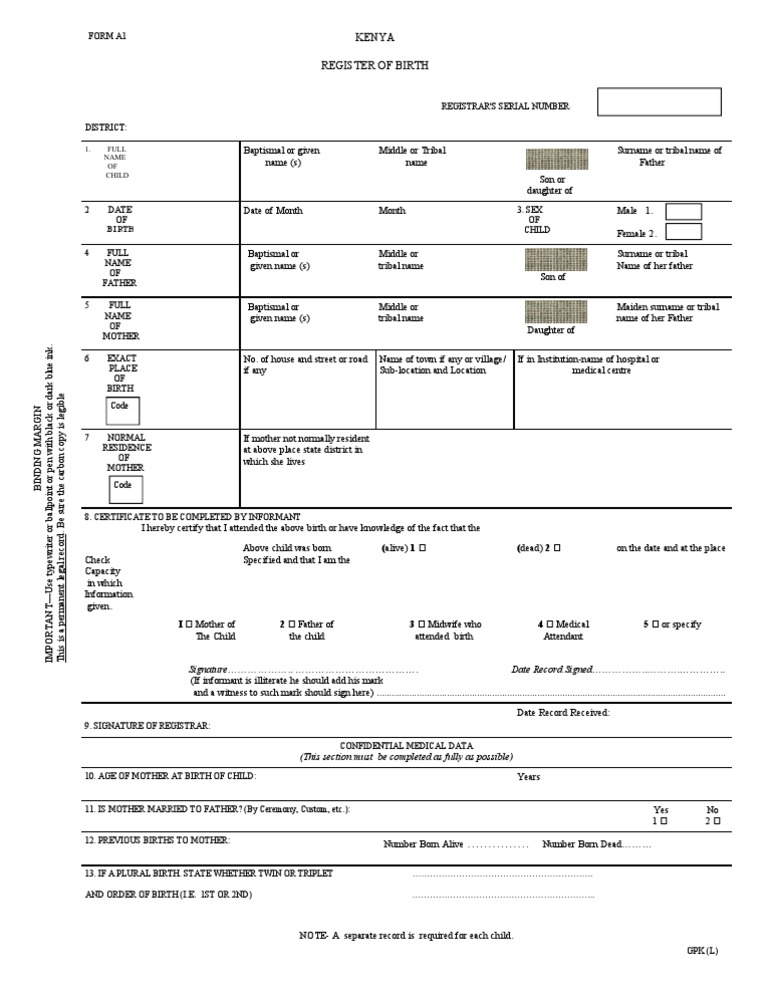 Form-A1 Register Ofbirth | PDF