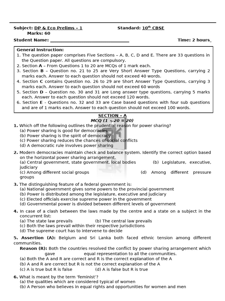 X CBSE Prelim-1 DP & Eco | PDF | Irrigation | Multinational Corporation