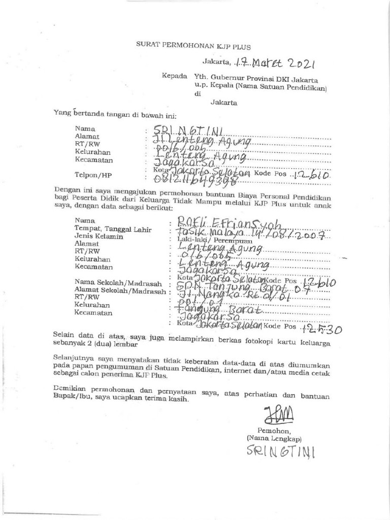 Surat Permohonan KJP Rafli | PDF