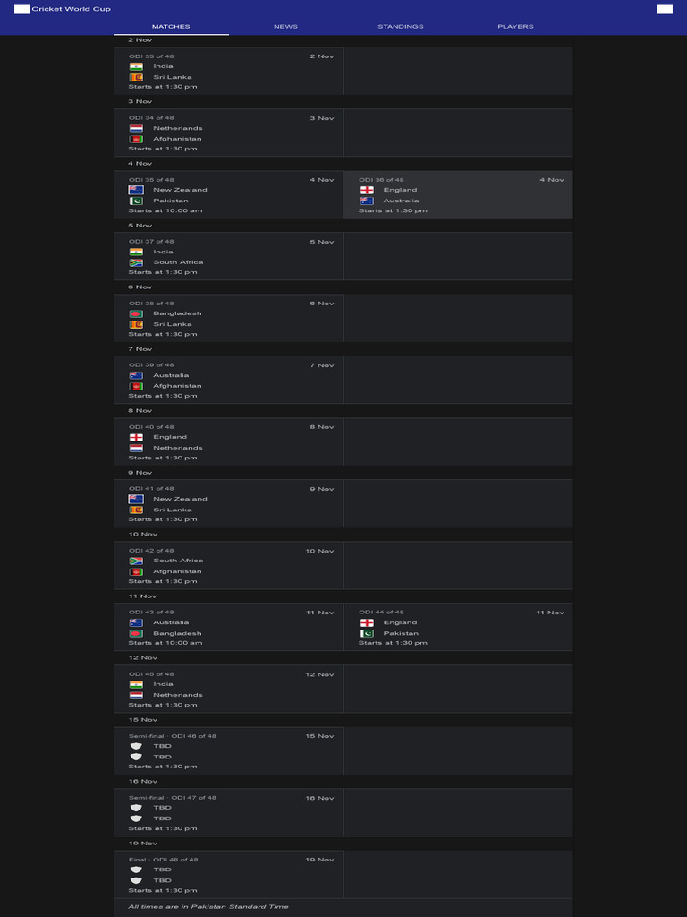 ICC Cricket World Cup 2023 Schedule | PDF | Cricket | England Cricket Team