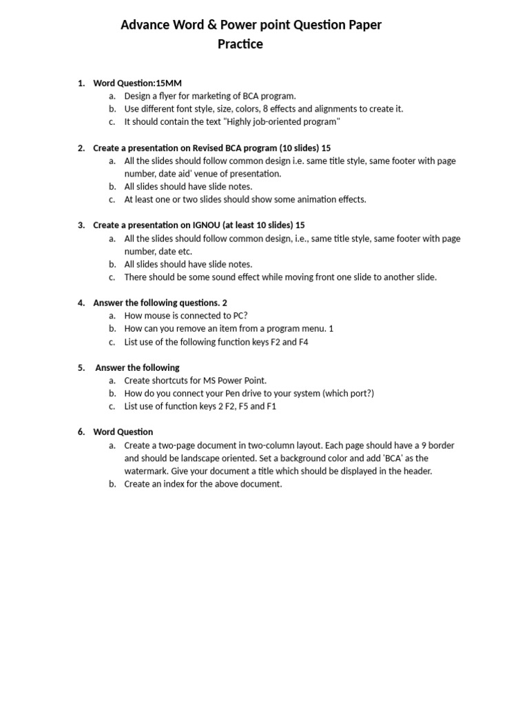 Advance Word & Power Point Question Paper | PDF