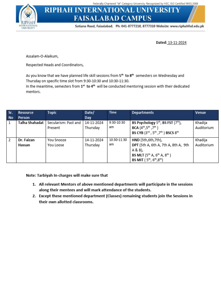 Life Skills Sessions Schedule 2024 | PDF