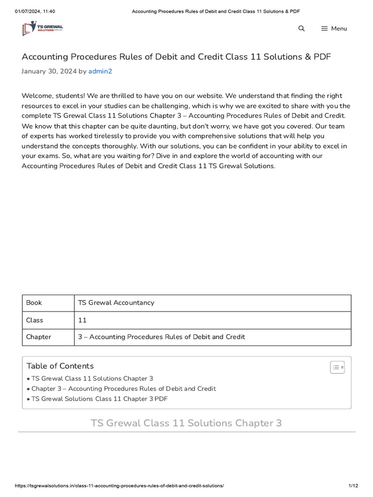Accounting Procedures Rules of Debit and Credit Class 11 Solutions & PDF | PDF | Debits And ...