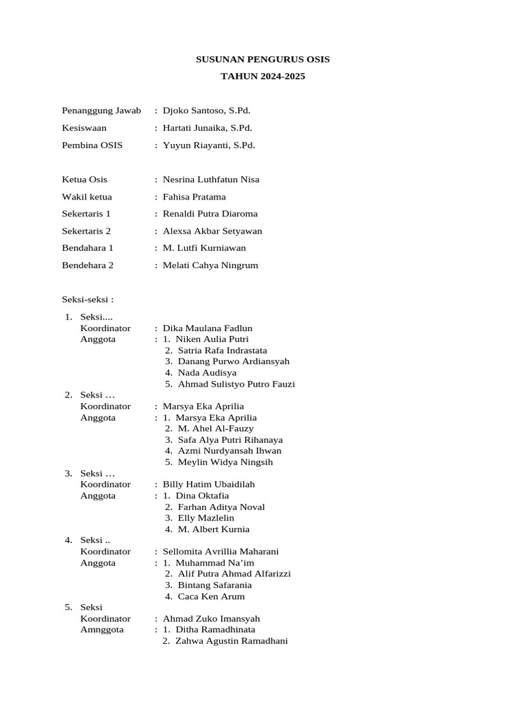 Struktur Pengurus OSIS SMP 2025 | PDF