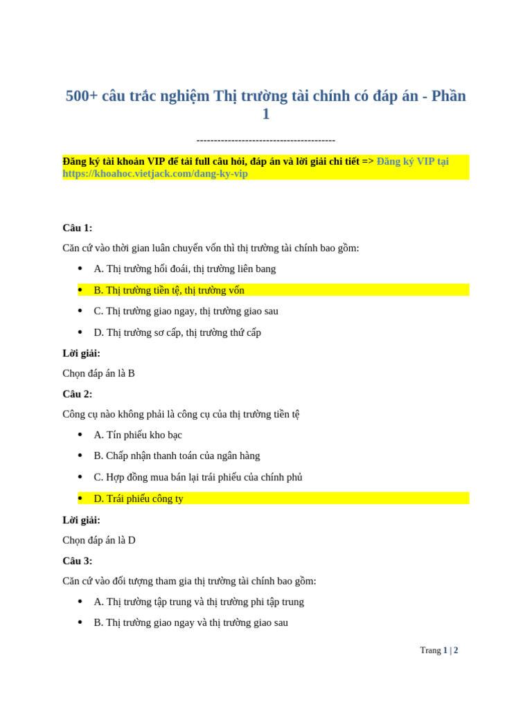 500 Cau Trac Nghiem Thi Truong Tai Chinh Co Dap An Phan 1 - 2024 - 12 - 23 | PDF
