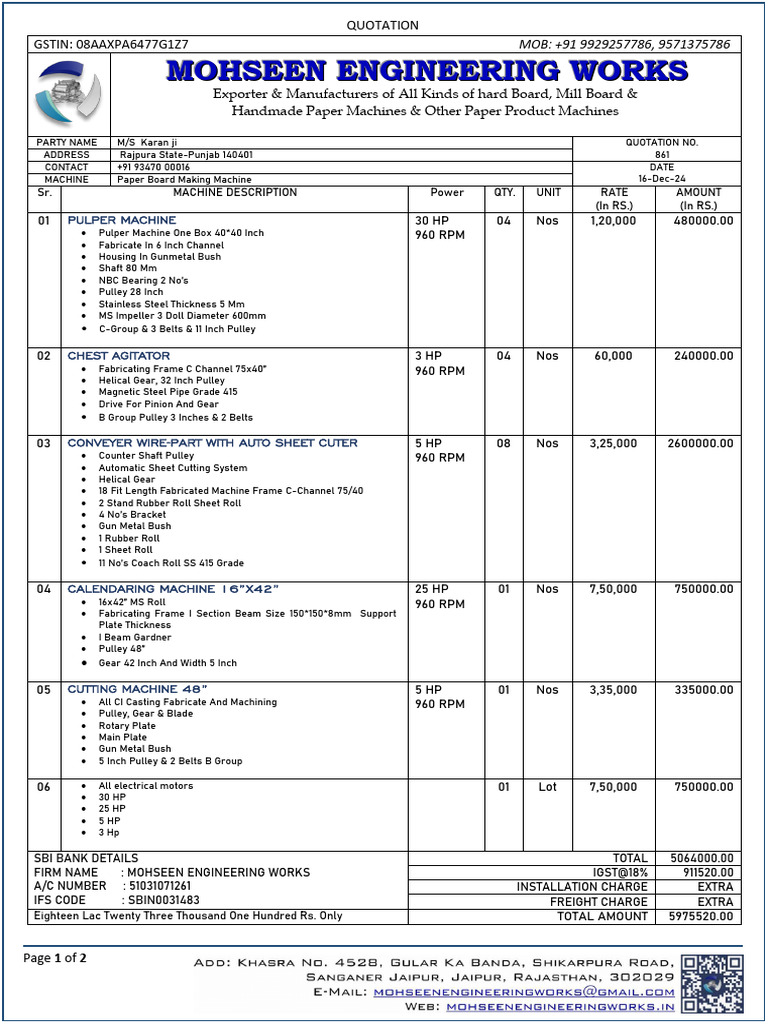 Quote #862 (Karan Ji) Paper Board Making Machines (20 TPD) | PDF | Belt ...