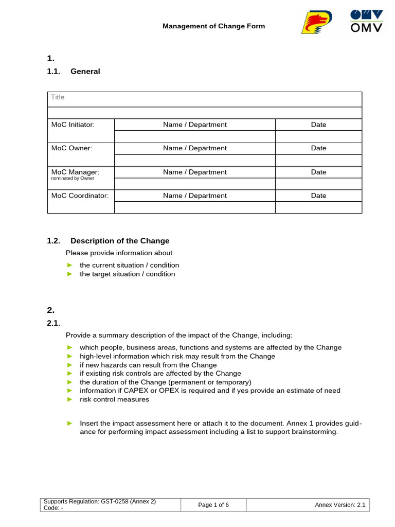 Annex 2 - Template_ MoC Form (SUPPORTS GST-0258-Management of Change - ENG) | PDF | Risk | Risk ...