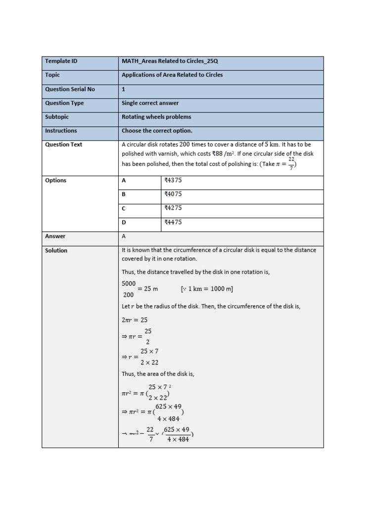 Area Calculations for Circular Disks | PDF | Area | Circle