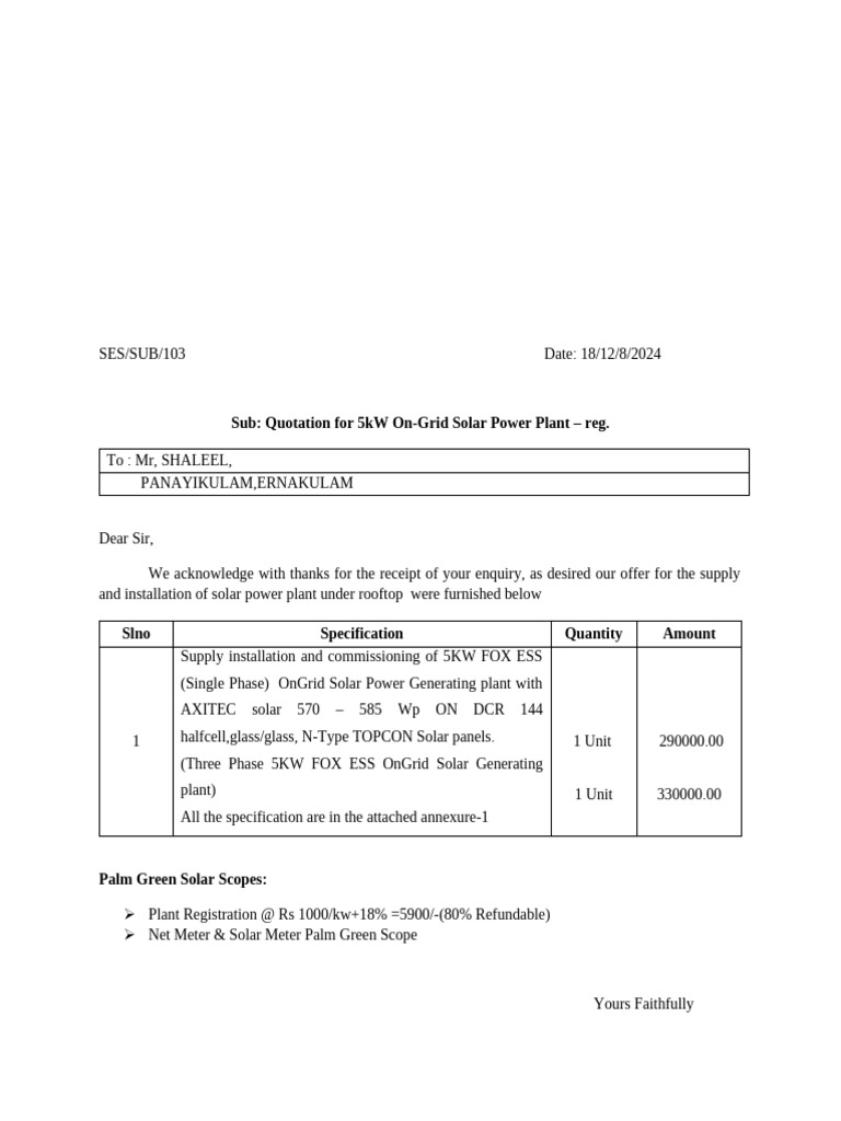 Palm Green Quotation | PDF | Solar Power | Solar Panel
