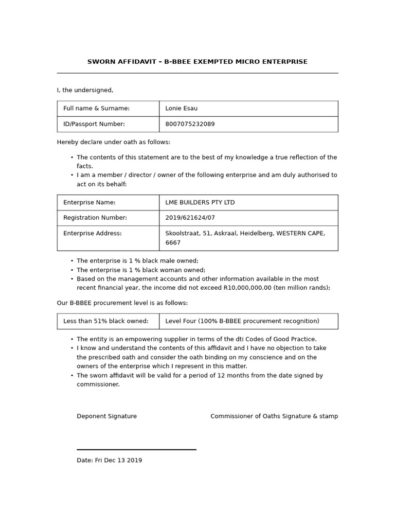 B BBEE Affidavit | PDF