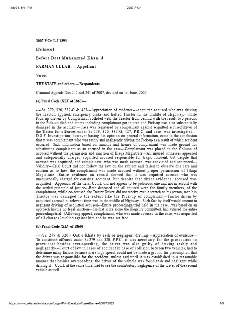 2007 P Cr. L J 1393 Rash Driving | PDF | Trials | Acquittal