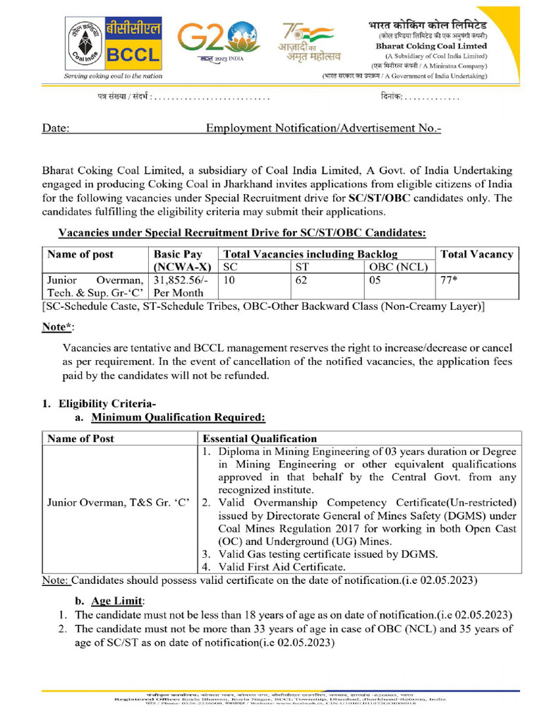 BHARAT-COKING-COAL-LIMITED-(BCCL)-Job-1 (1) | PDF