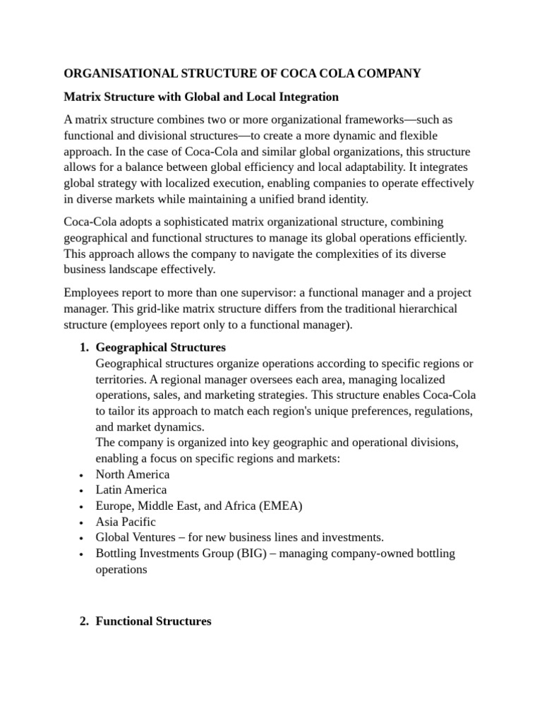 Organisational Structure of Coca Cola Company | PDF | Organizational ...